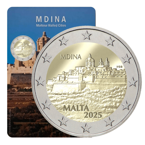 2025 Malta Mdina tvirtovė 2 eurų moneta BU kortelėje - Florinus.bg