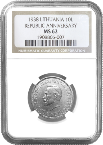 1938 Lithuania President Antanas Smetona 10 litas silver coin MS 62 - Florinus.bg