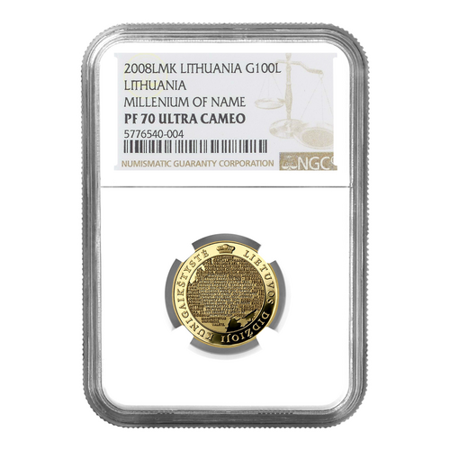 2008 г. - 1000-годишнина на Литва - златна монета от 100 лита PF 70 ULTRA CAMEO - Florinus.bg
